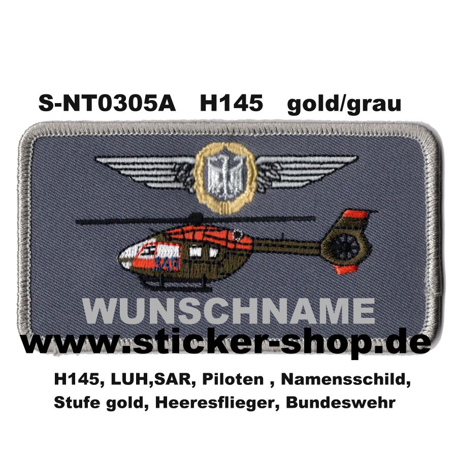 Nametag, Piloten, Namensschild, H145, LUH. SAR, Aufnäher, patch, Stufe gold | Sticker Shop Strerath