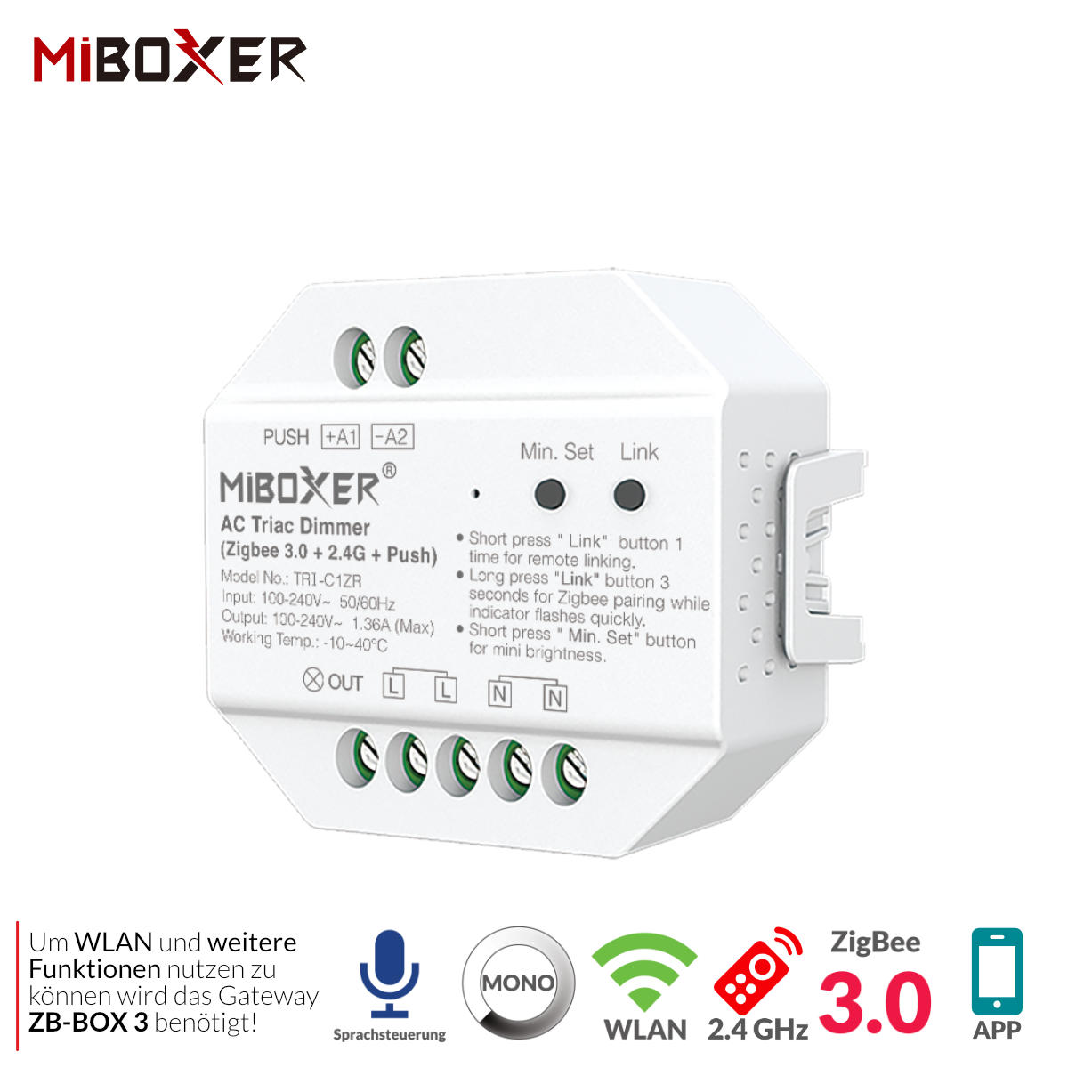 MiBoxer Zigbee 3.0 I LED Funkdimmer I Triac RF+Push Dimmer I TRI-C1ZR | alu-profile-led.de ...