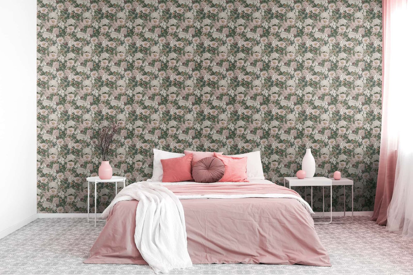 Non-woven wallpaper vintage flowers pink green 39426-2