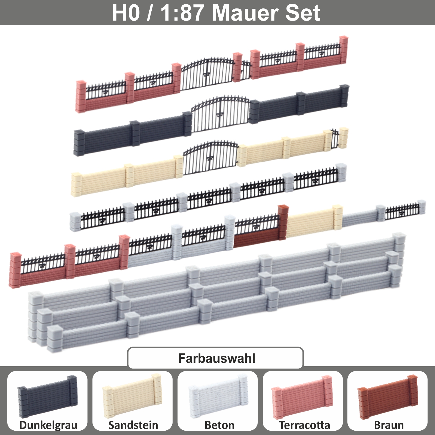 H0 Steinmauer Mauerzaun Gartenmauer Mauerpfosten - 1:87 Bausatz