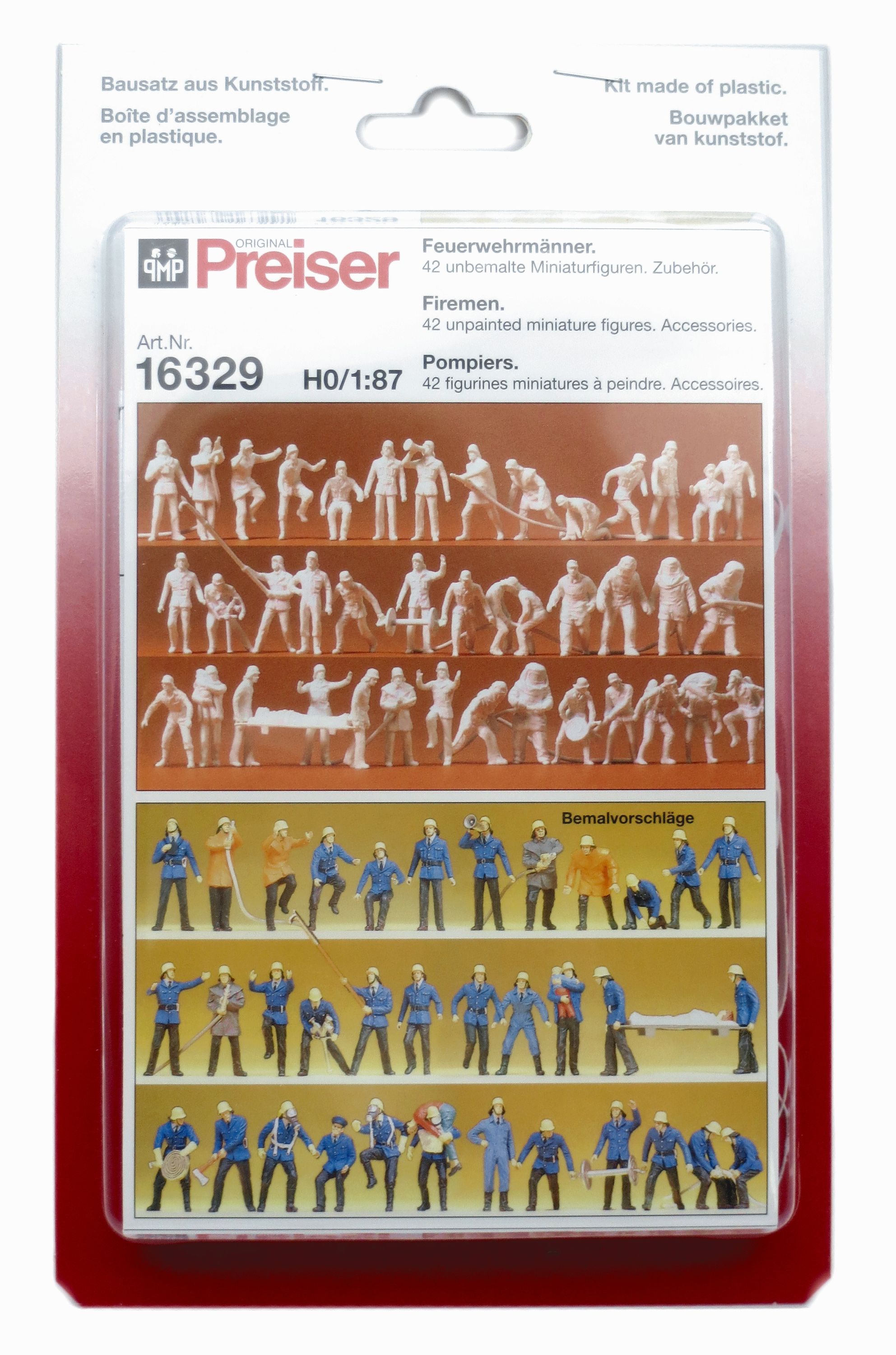 Preiser 16329 Feuerwehrmänner. 42 unbemalte Figuren Spur H0 1:87 ...