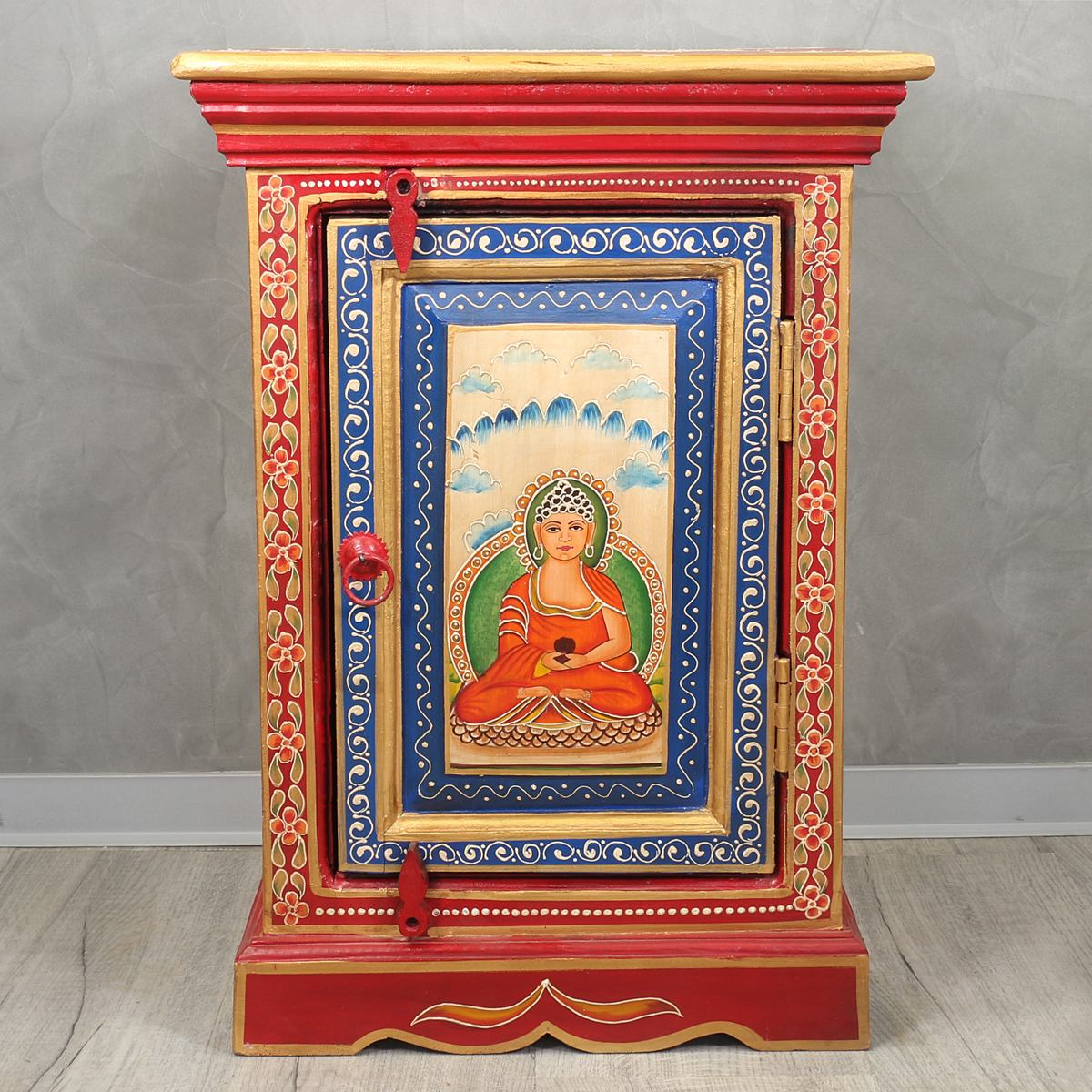 Indisches Sideboard 65 cm hoch, tibetische Buddha-Verzierung, Rot ...