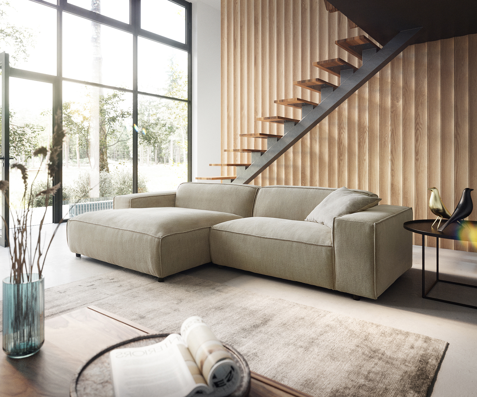 Canap d angle Tenso 280 X 165 Chenille Beige Recami re Gauche DELIFE