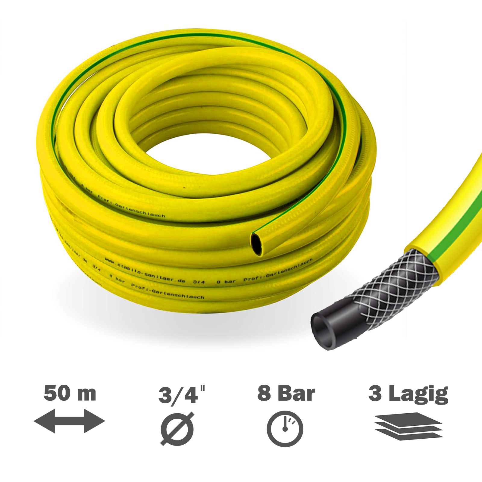 Profi Gartenschlauch 19mm 3 4 Zoll 50m Gelb 3 lagig Wasserschlauch