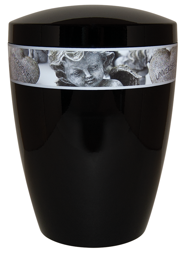 Bio-Urne Urne mit Band Engel Unvergessen auf schwarzem Grund