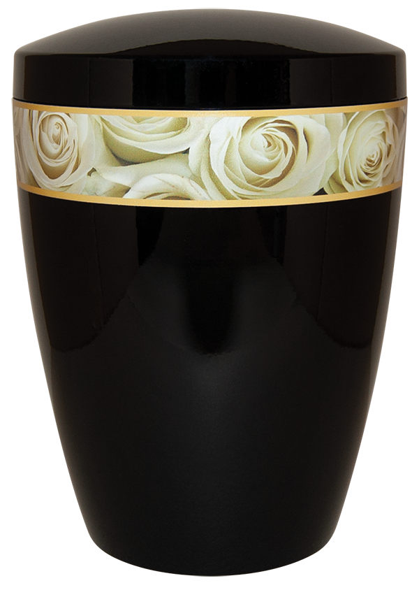 Bio-Urne Urne mit Band weisse Rosen schwarzem Grund