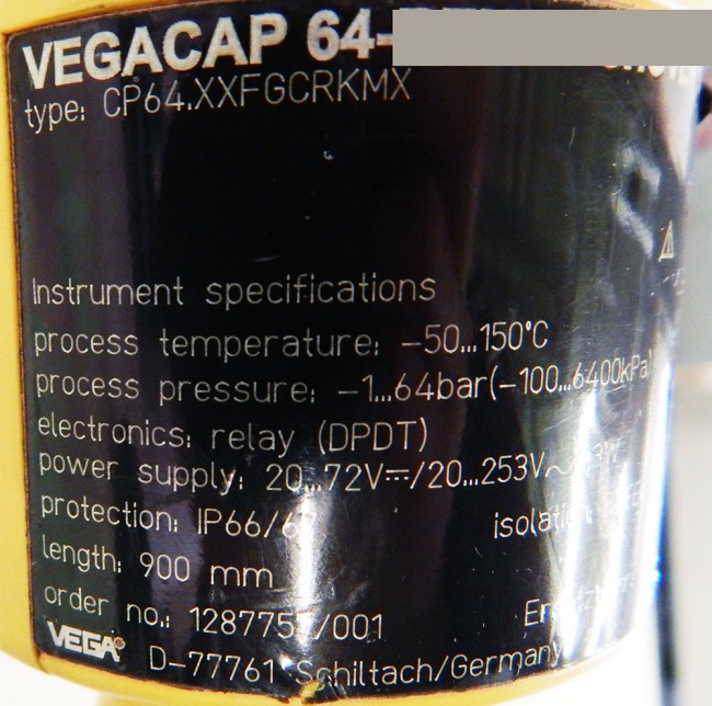 VEGA VEGACAP 64 CP64.XXFGCRKMX 900mm -50-150`C -1-64bar Überfüllsicherung -used-