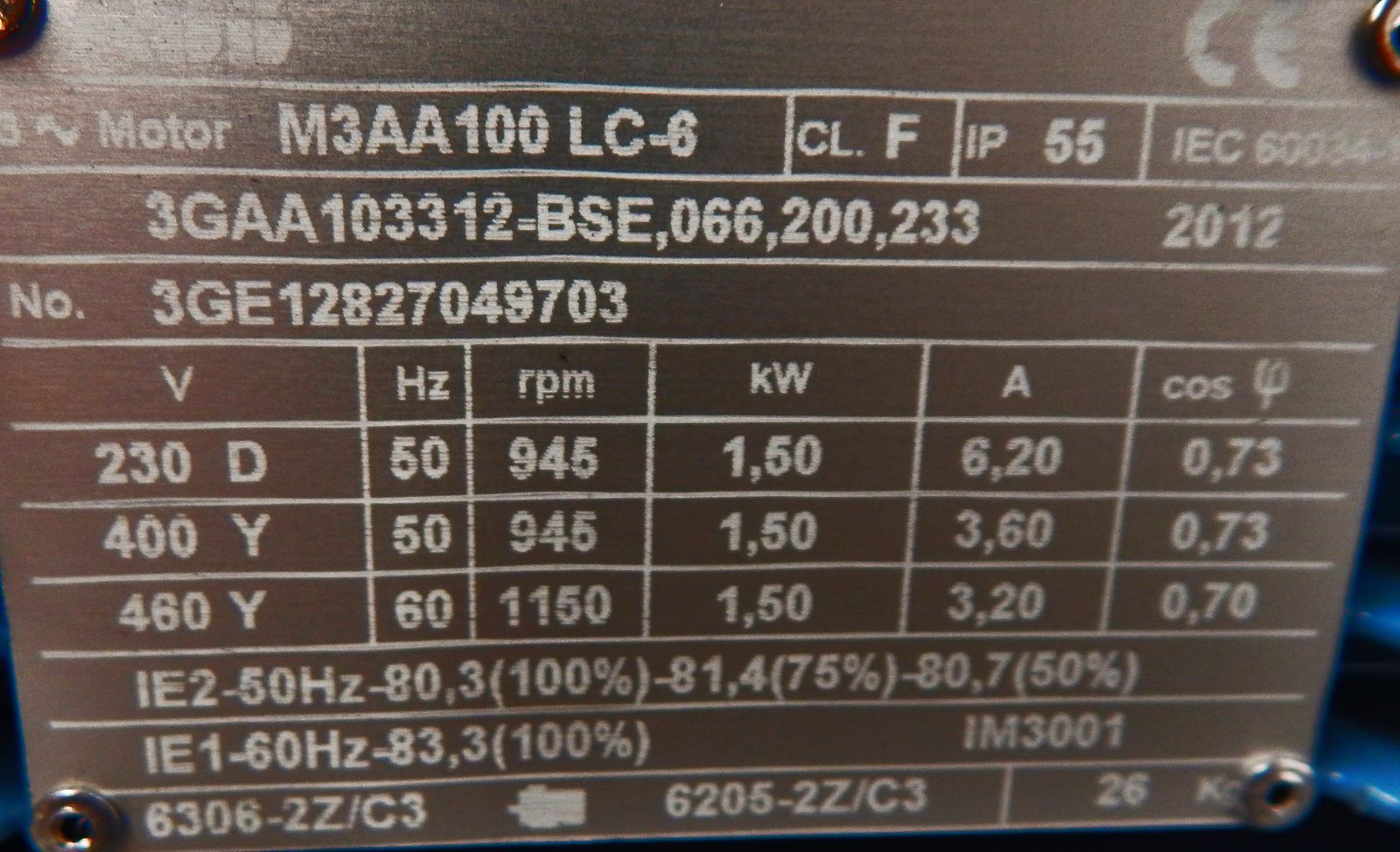 ABB Drehstrommotor M3AA 110 LC-6 // M3AA100LC6 1,5 KW 945 /min - unused