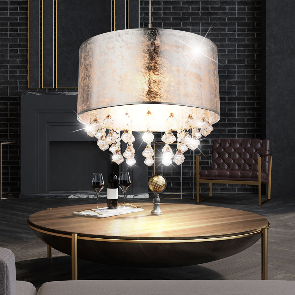 LED pendant lamp, silver textile, crystals, H 140 cm | ETC Shop: lamps ...