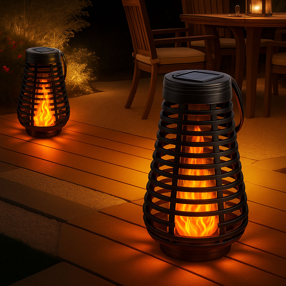 2x LED solar lamp, fire effect, handle, black, H 26 cm | ETC Shop ...