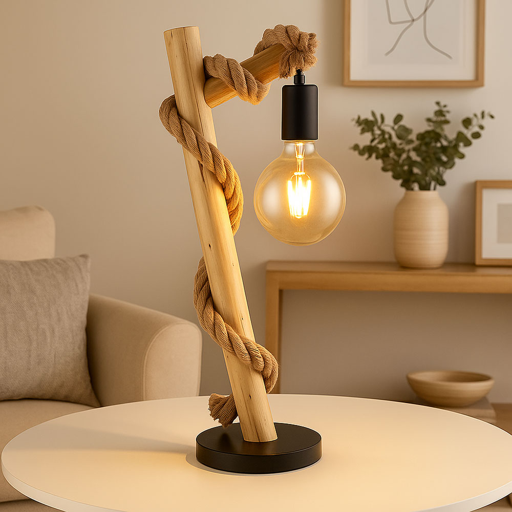 Tischlampe, Buche Holz Hanfseil, H 53,5 cm | ETC Shop