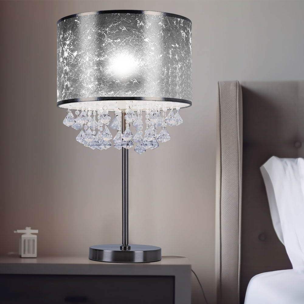 Table lamp Table lamp Bedside lamp Bedroom lamp Silver leaf fabric lamp nickel matt cord switch 1x E27 socket D 32 cm ETC Shop lamps furniture technology household. All from one