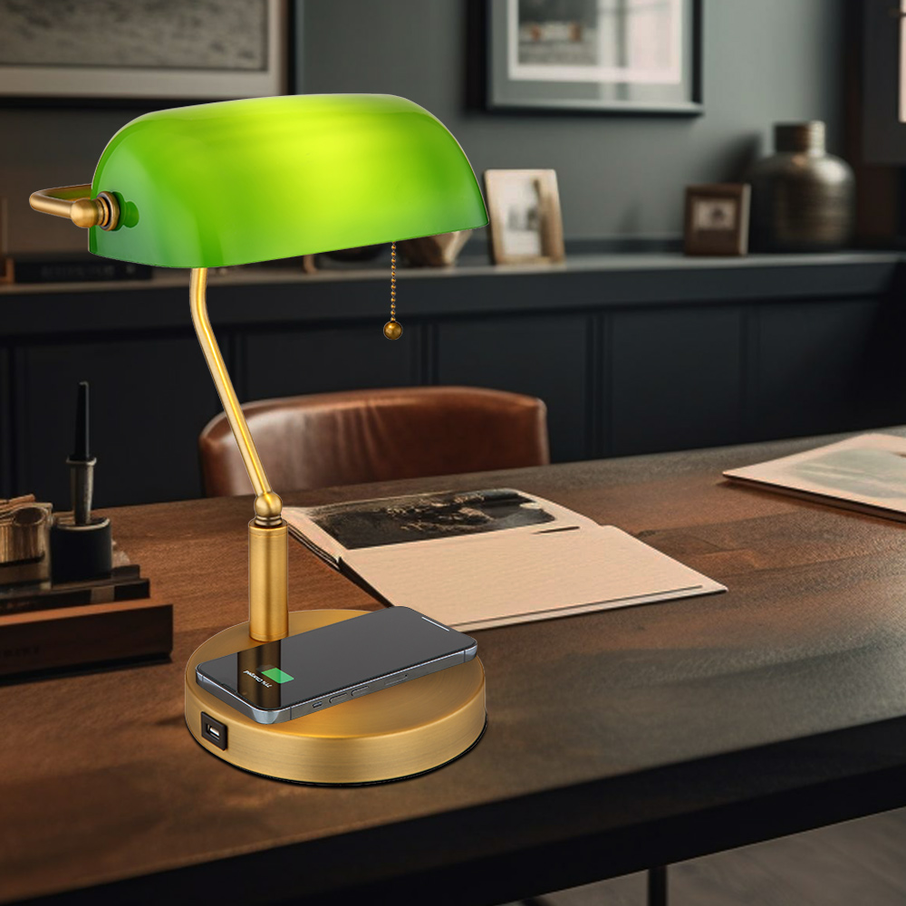 Table lamp, banker's lamp, brass, green glass, H 36 cm | ETC Shop ...