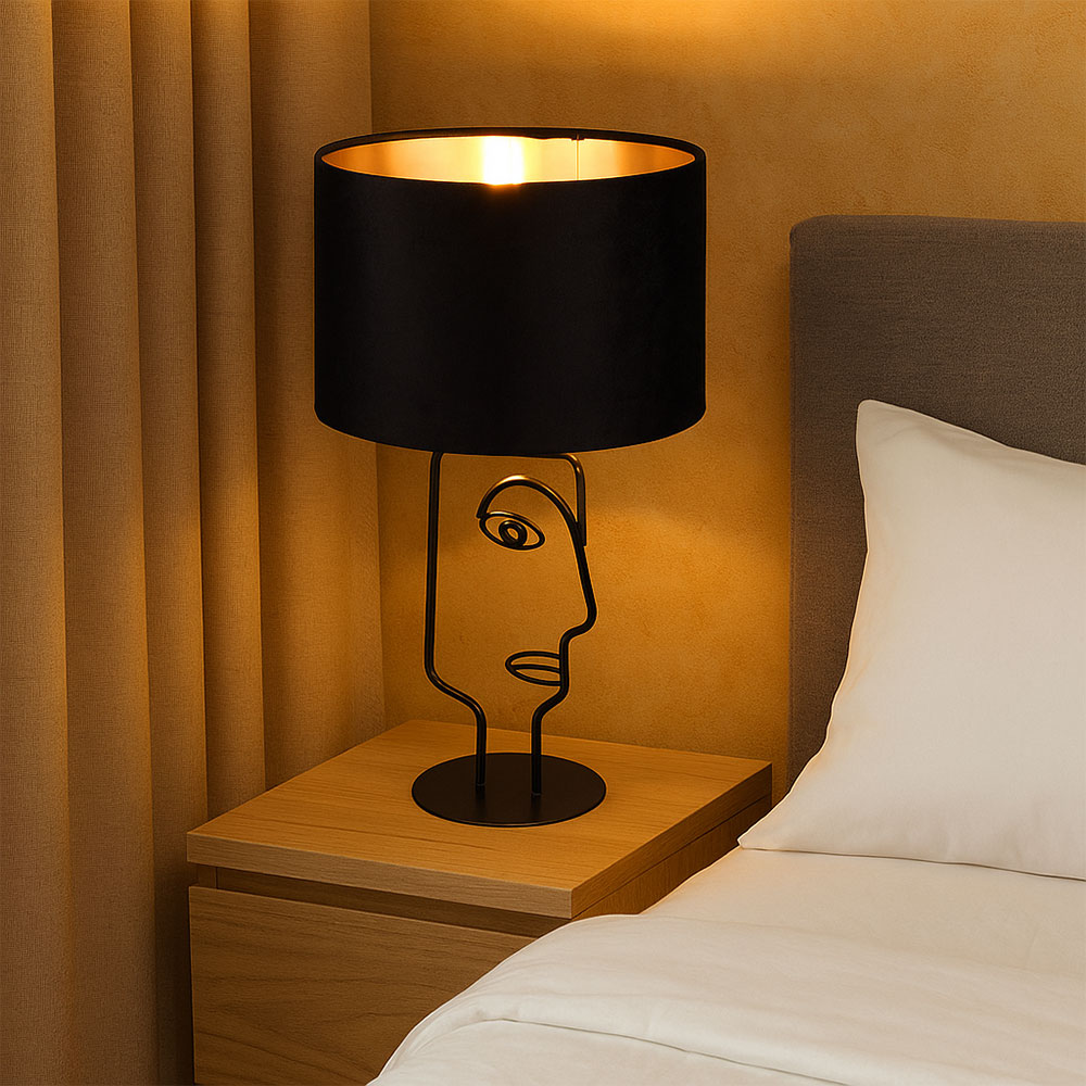 LED table lamp, metal, black, fabric, face design, H 42cm | ETC Shop ...