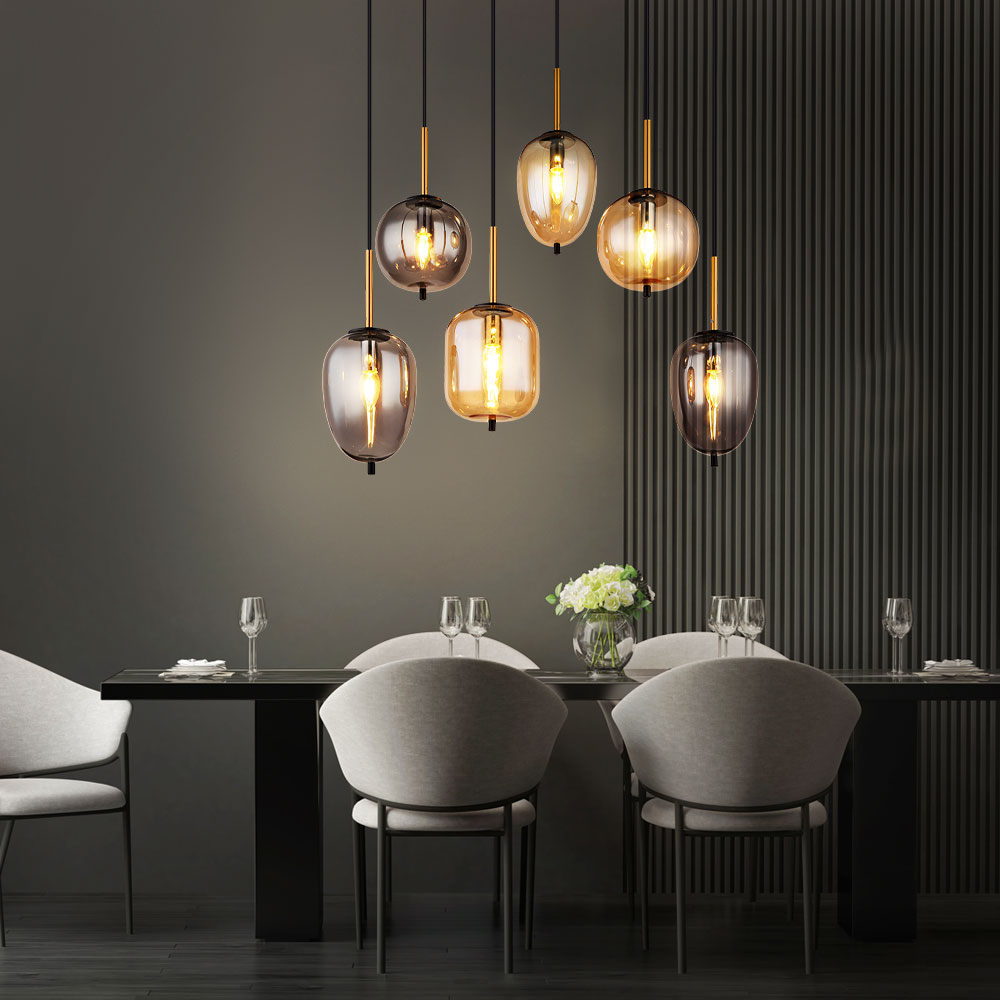 LED Hängeleuchte, 6 Flammig, Glas amber rauch, messing, L 80 cm | ETC Shop