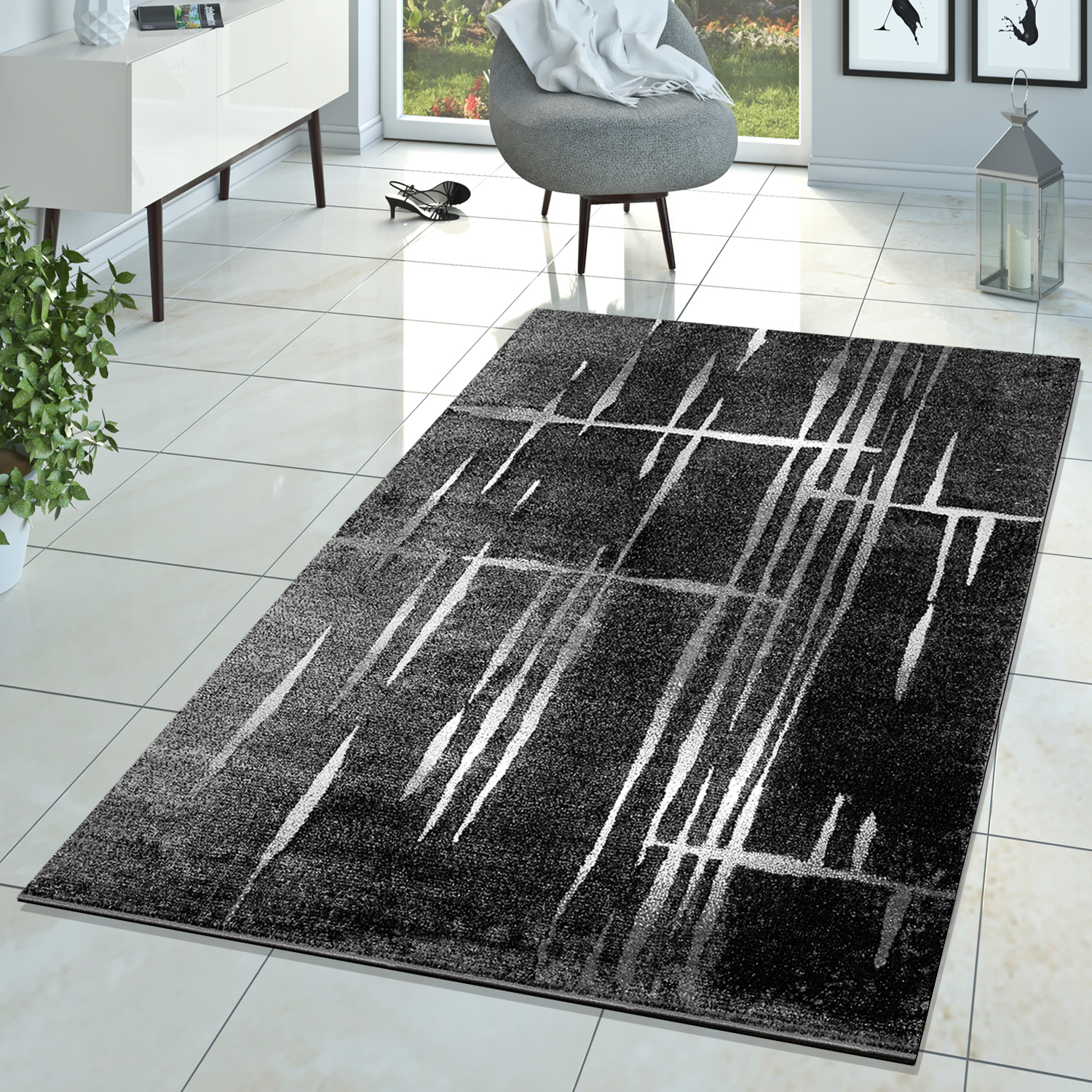 Moderner Wohnzimmer Teppich Matrix Design Kurzflor Meliert Grau ...