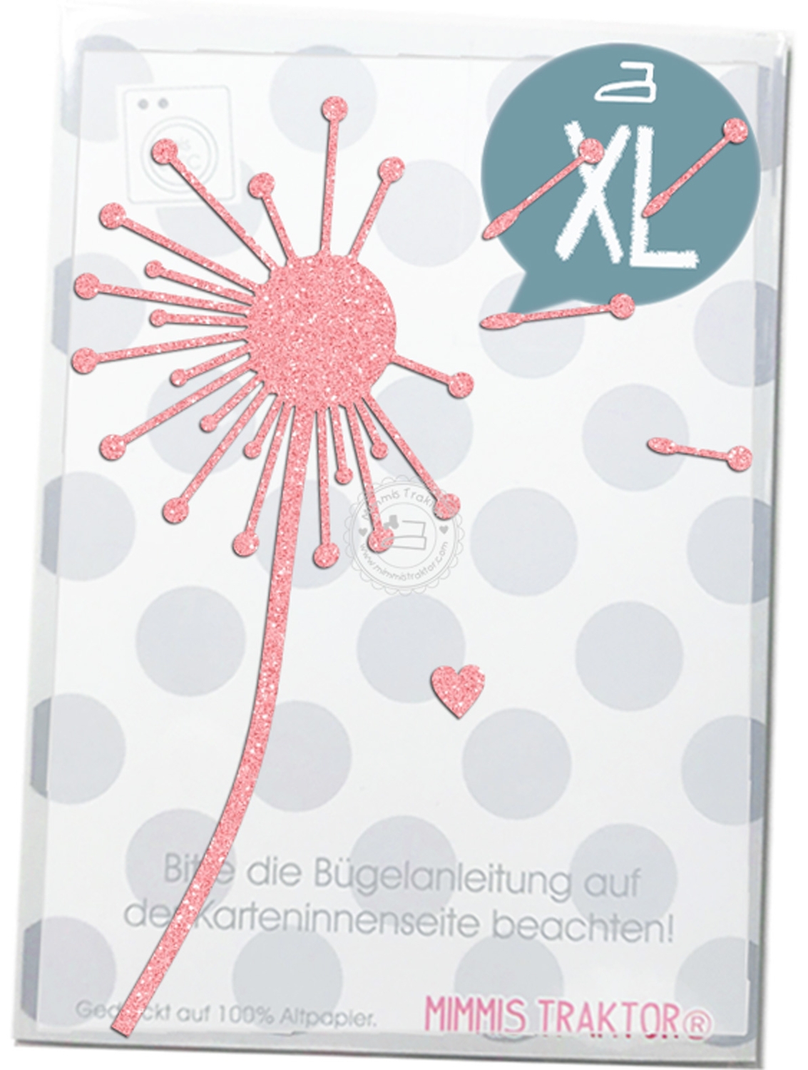 GLITZER Bügelbild XL Pusteblume m Herz 21 cm Aufbügler Applikationen ...