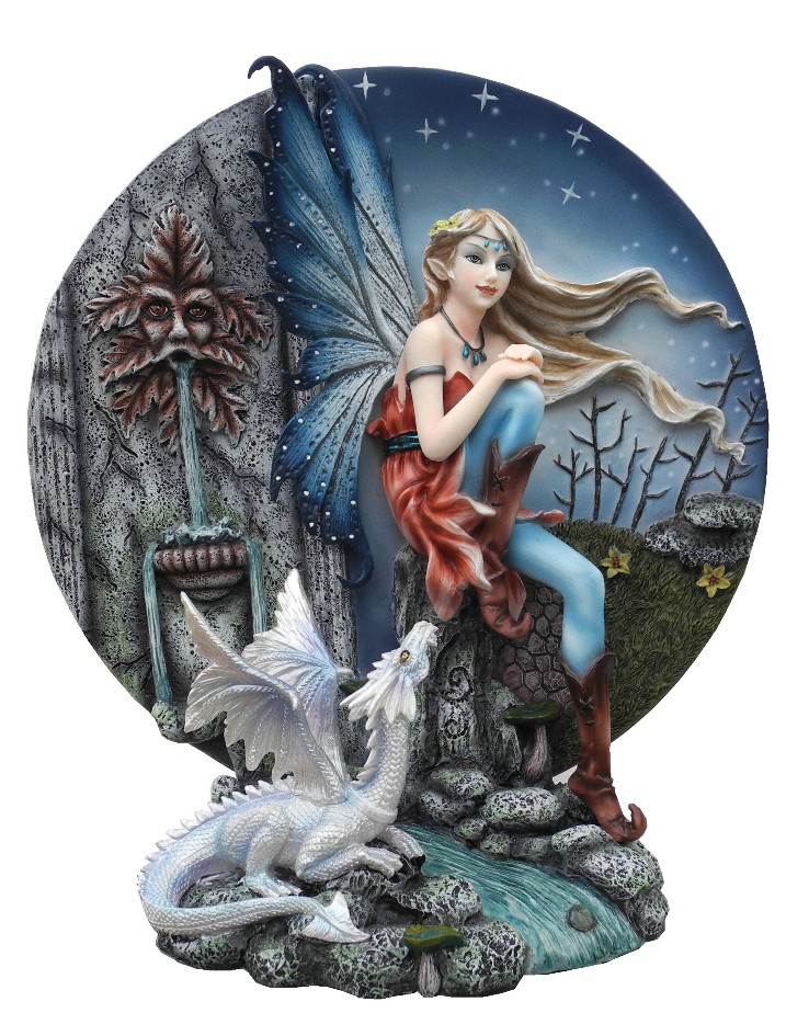 Stehrelief Figur der Fee Eden mit Drachen aus Kunststein Handbemalt ...