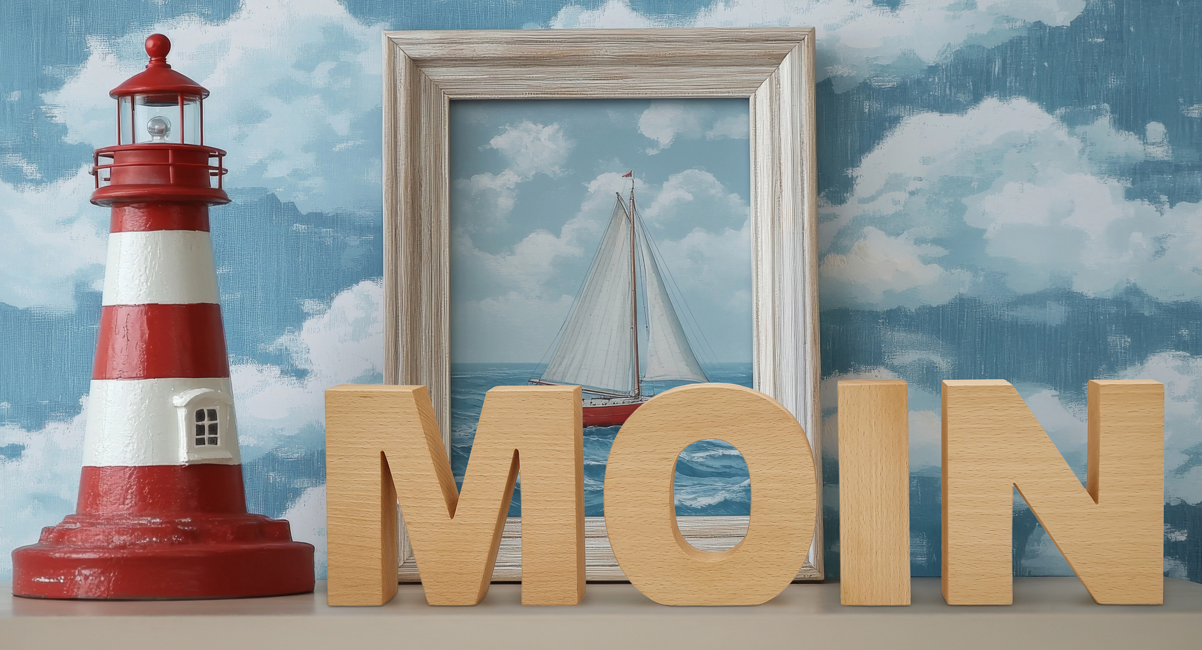 Massivholz Schriftzug Buchstaben Dekoschrift MOIN aus Buche