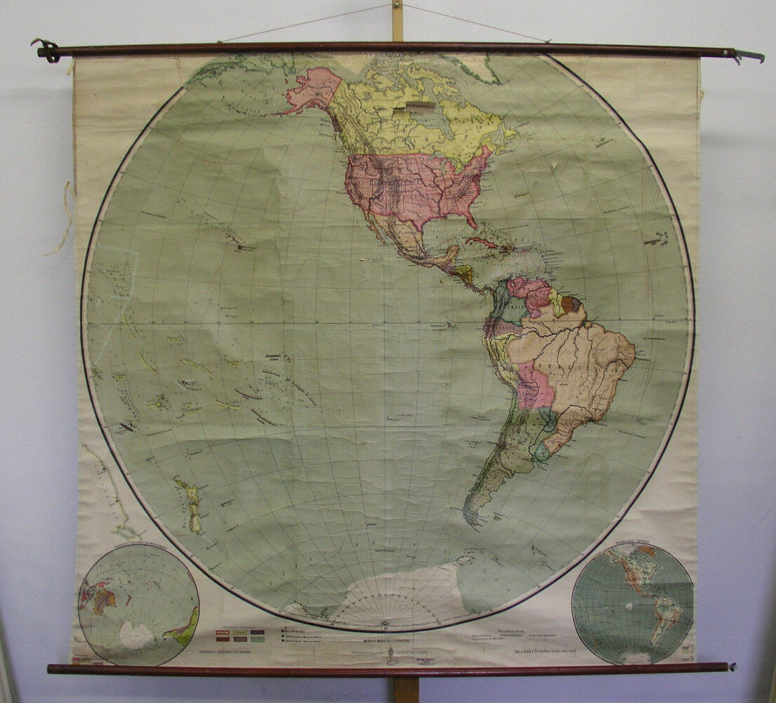 Westliche Erdhälfte Gaebler Lang Leipzig ~1914 Planiglobe Halbkugel ...