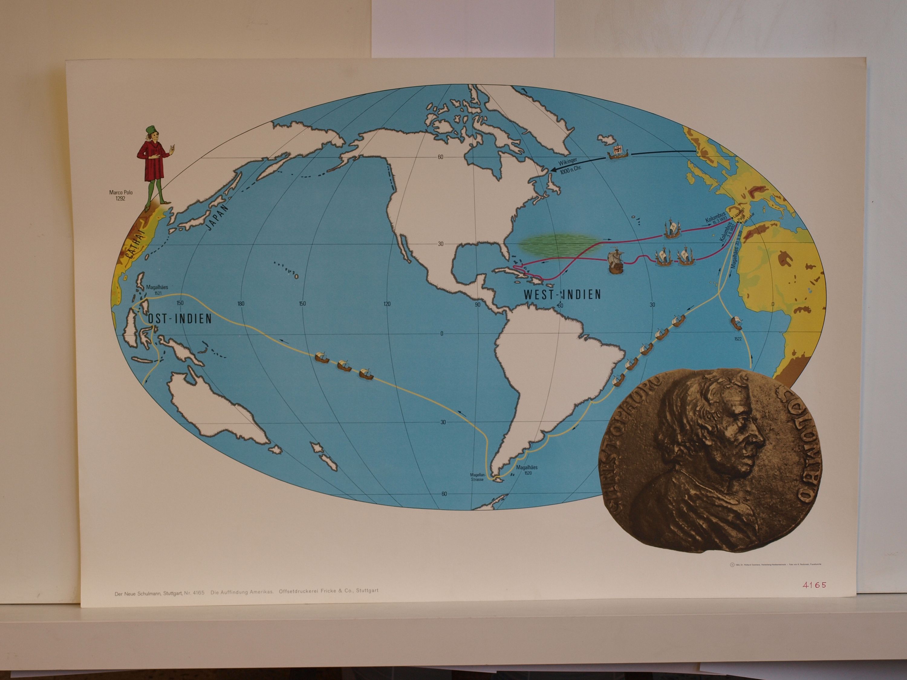 Entdeckung Amerikas Wikinger Kolumbus Magellan 1966 Schulwandbild ...