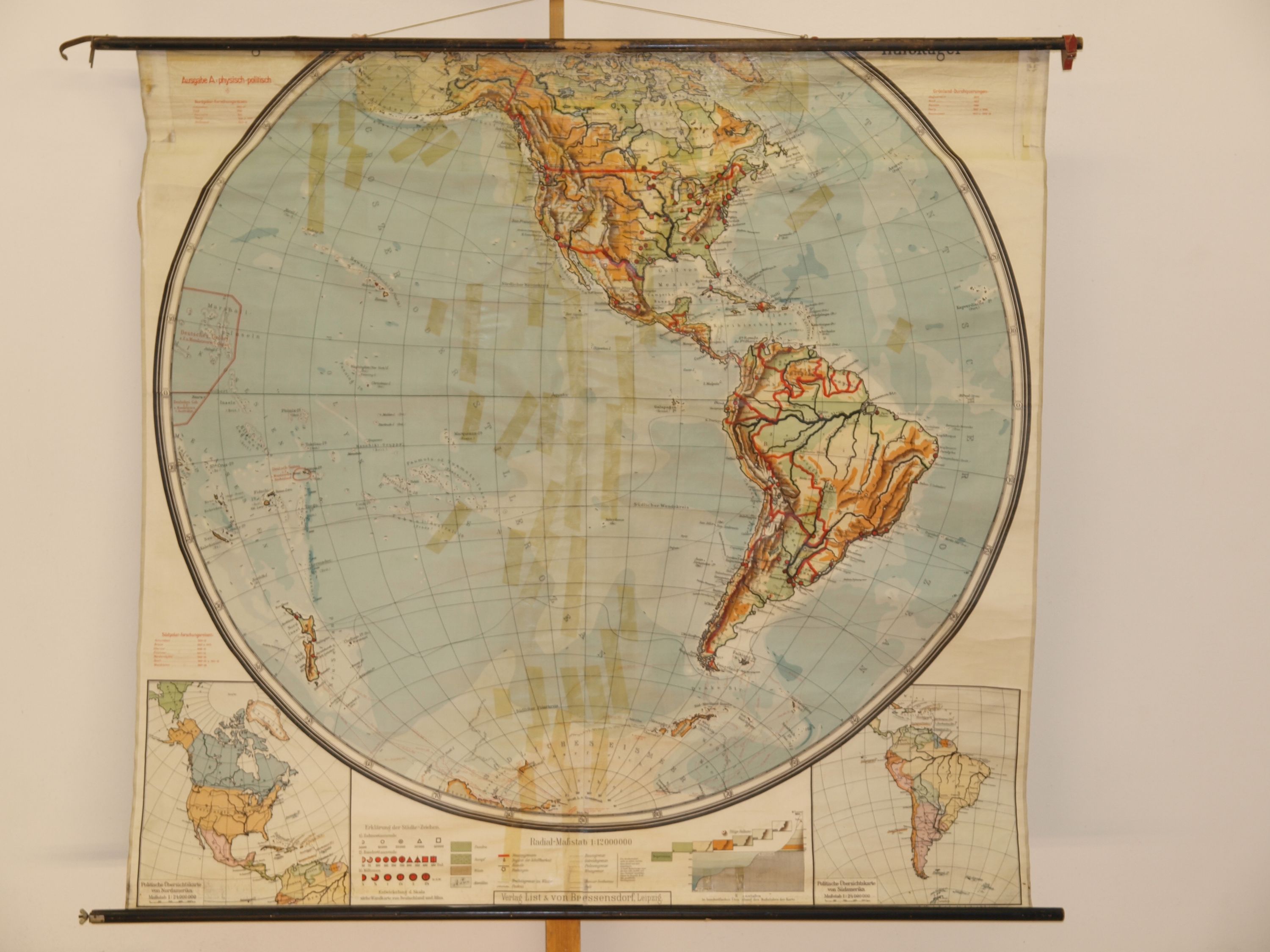 Westliche Halbkugel Planiglobe Amerika USA Kanada~1920 Schul-Wandkarte ...
