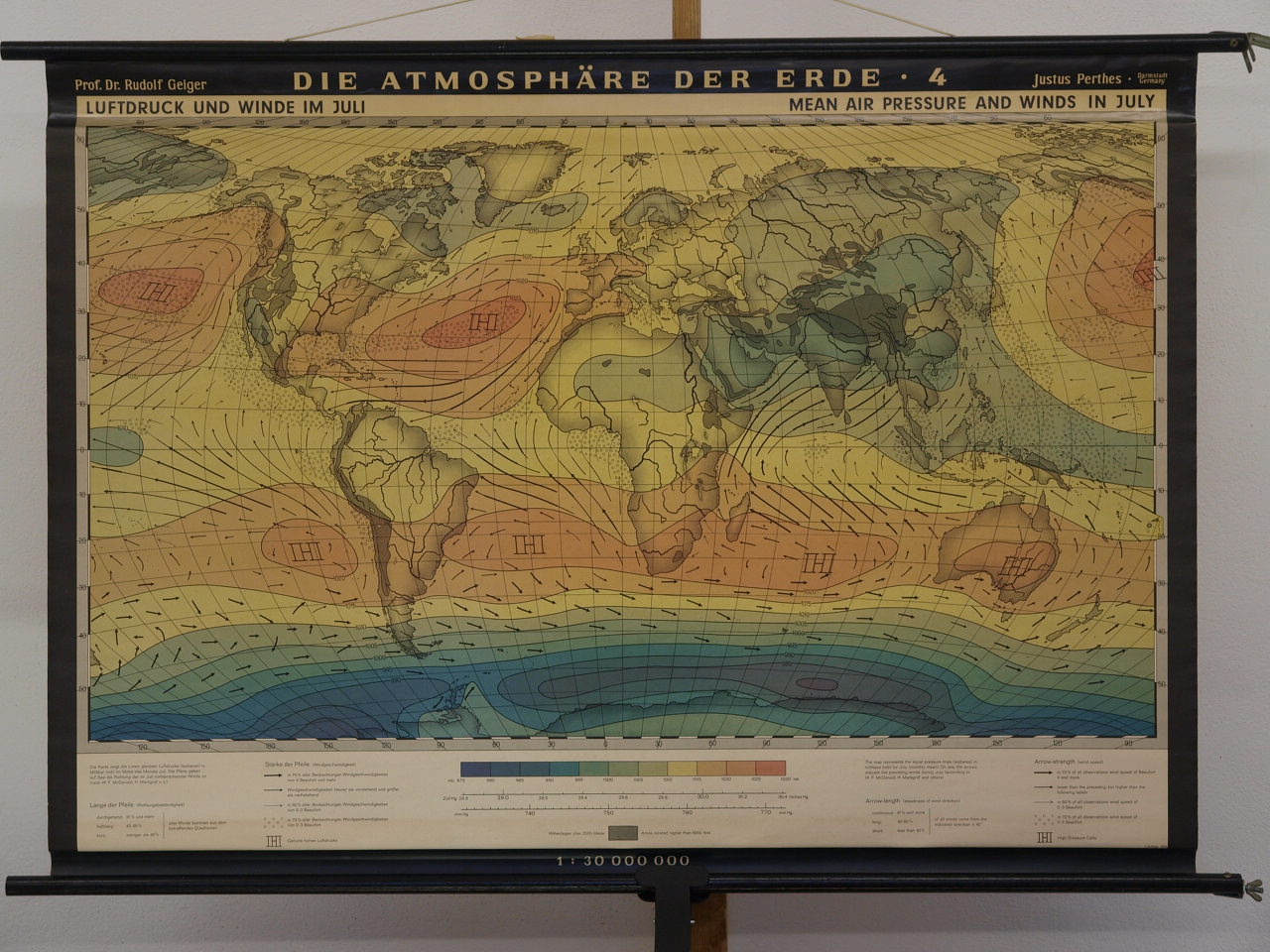 Atmosphäre Erde Klimakarte Luftdruck Winde Juli 1963 Schul-Wandkarte ...