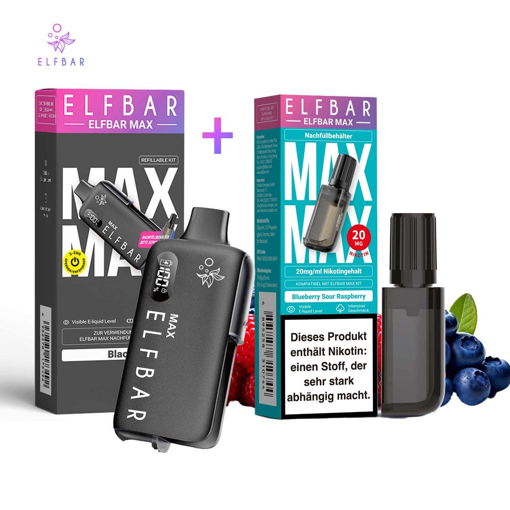 [Paket] ELFBAR MAX Black Kit + Pod Blueberry Sour Raspberry | Elfbargermany