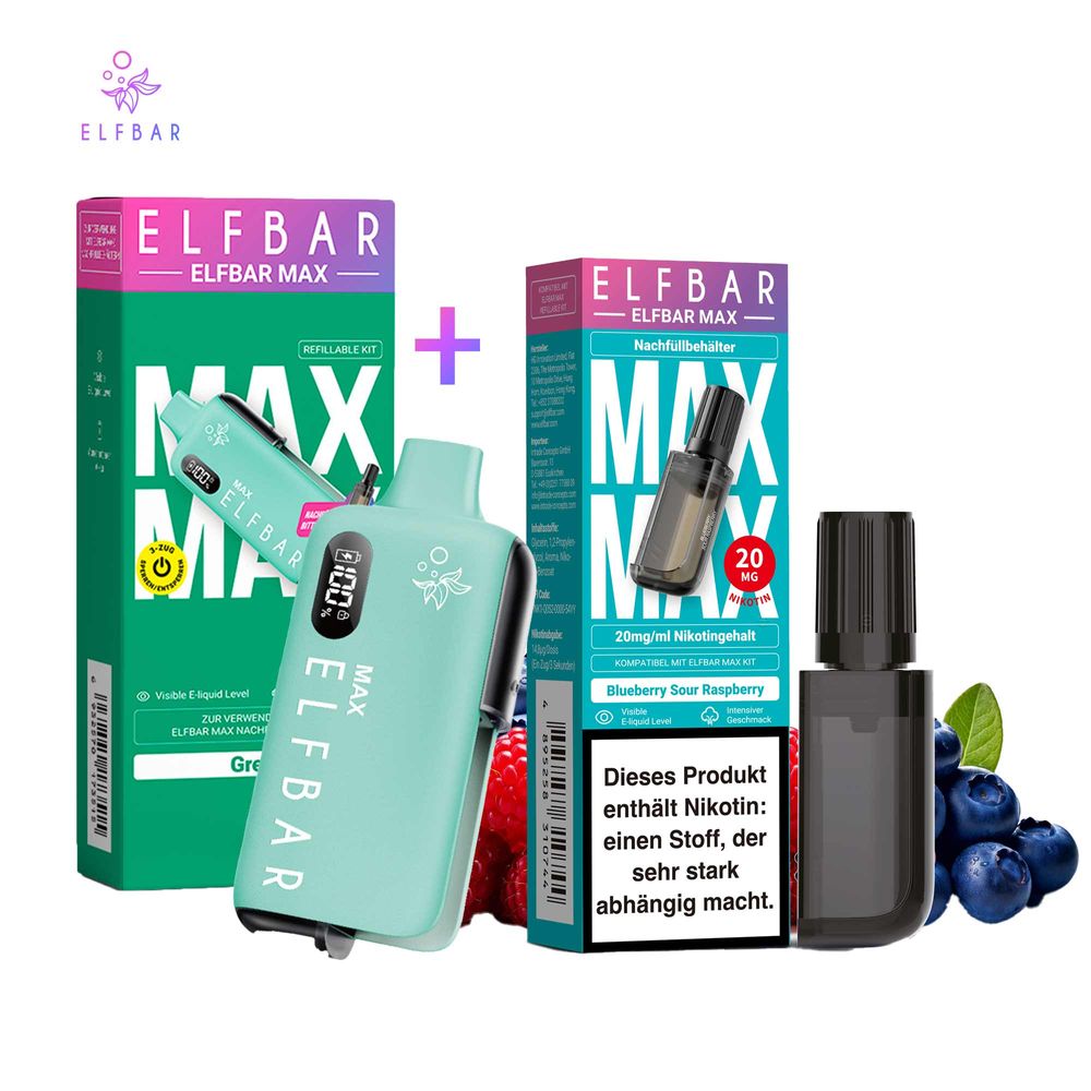 [Paket] ELFBAR MAX Green Kit + Pod Blueberry Sour Raspberry | Elfbargermany