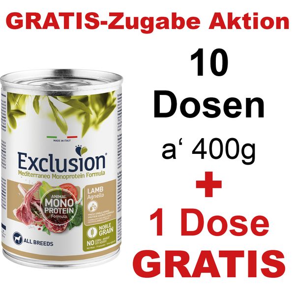 [Bundle] AKTION 10 x Exclusion Mediterraneo Noble Grain Adult Lamb 400 g + 1 Dose GRATIS ...