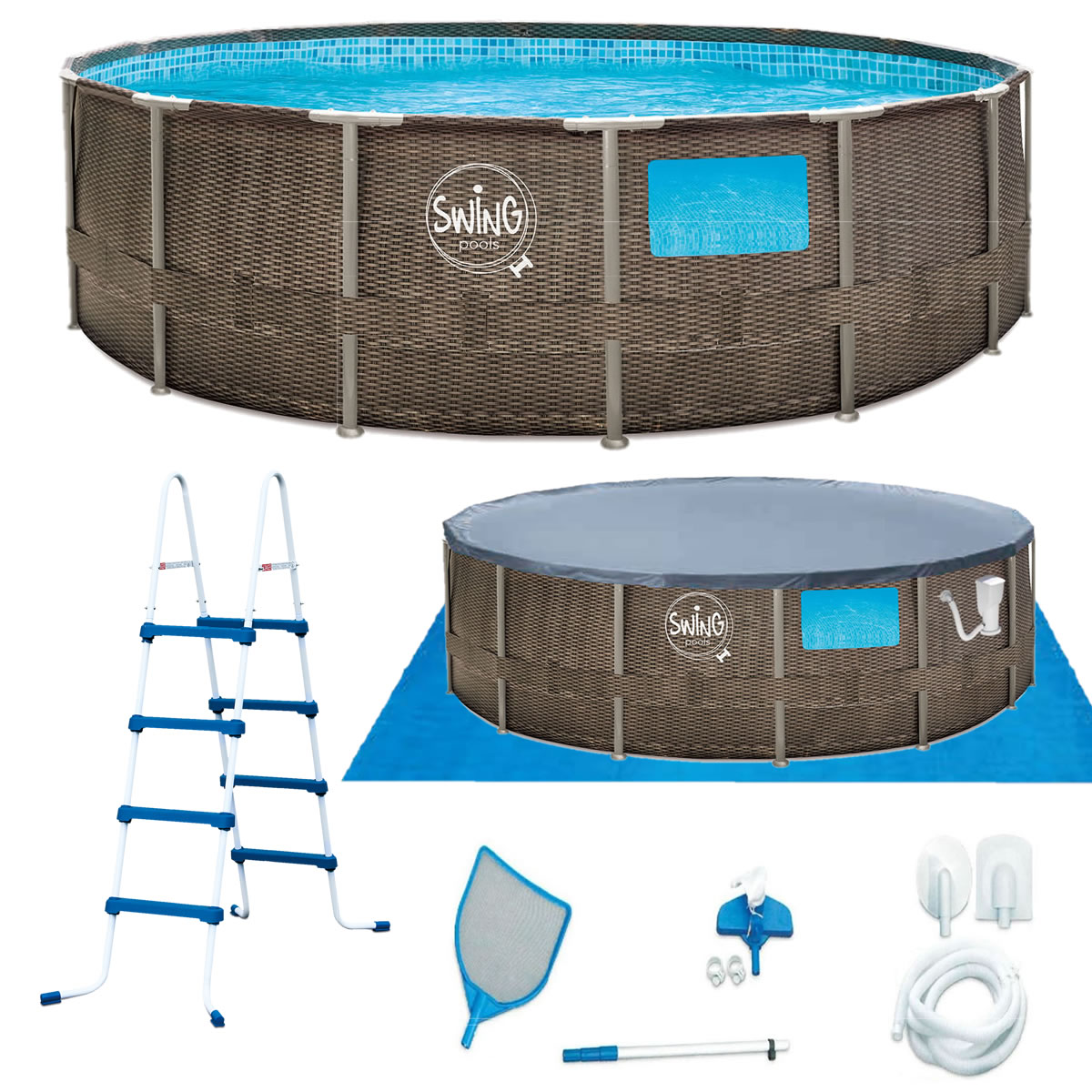 [Paket] Swing Rahmen rund Pool Ø457 x 122cm Rattanoptik inkl. Zubehör ...