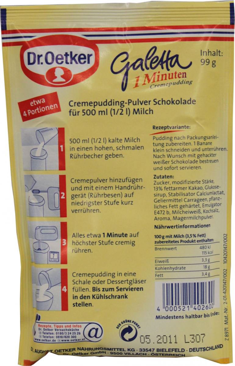 Dr. Oetker Galetta 1 Minuten Cremepudding-Pulver Schokolade 99g ...