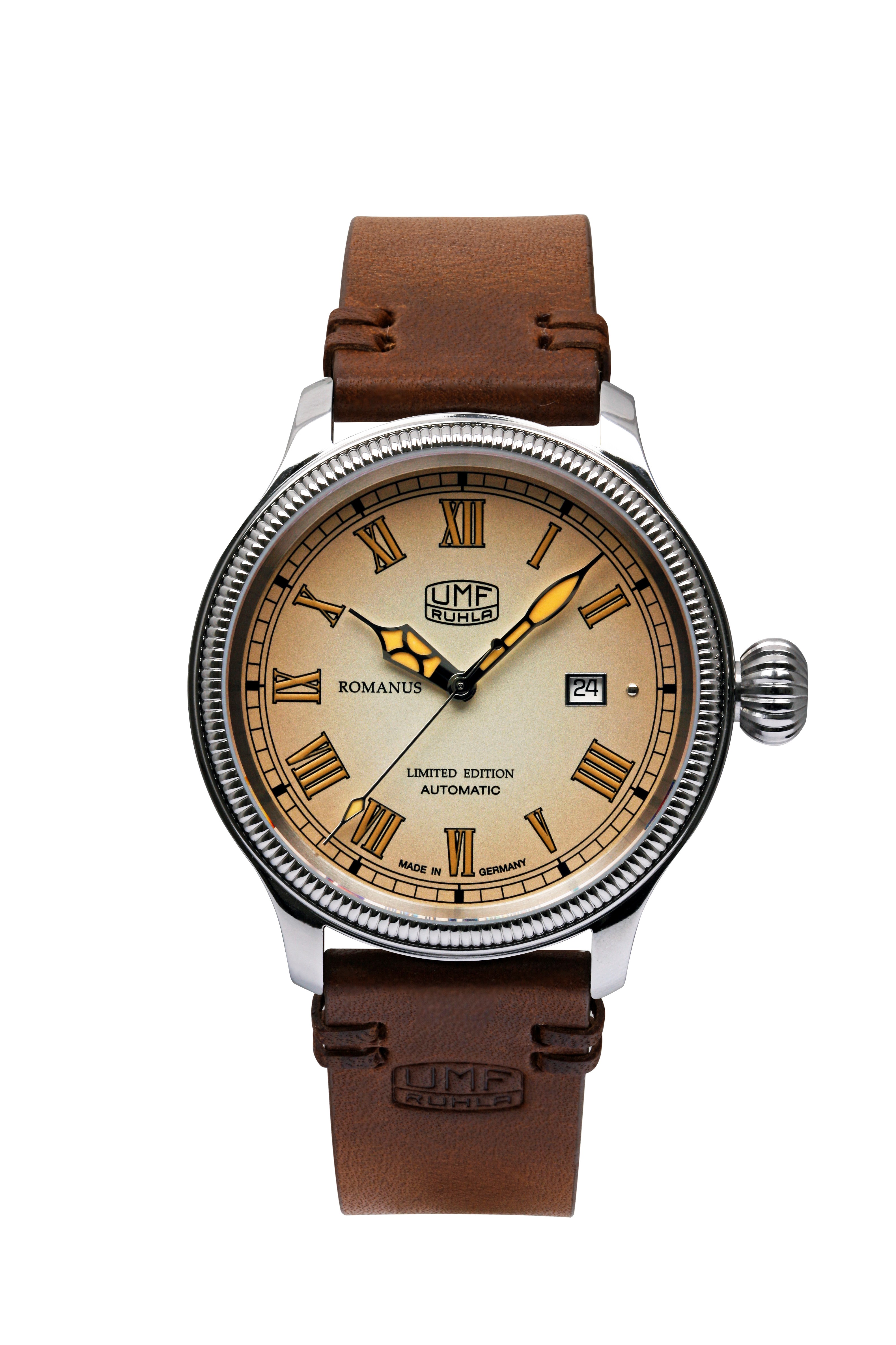 UMF Ruhla Automatik Limited Edition Romanus Herrenuhr braunes Lederband ...