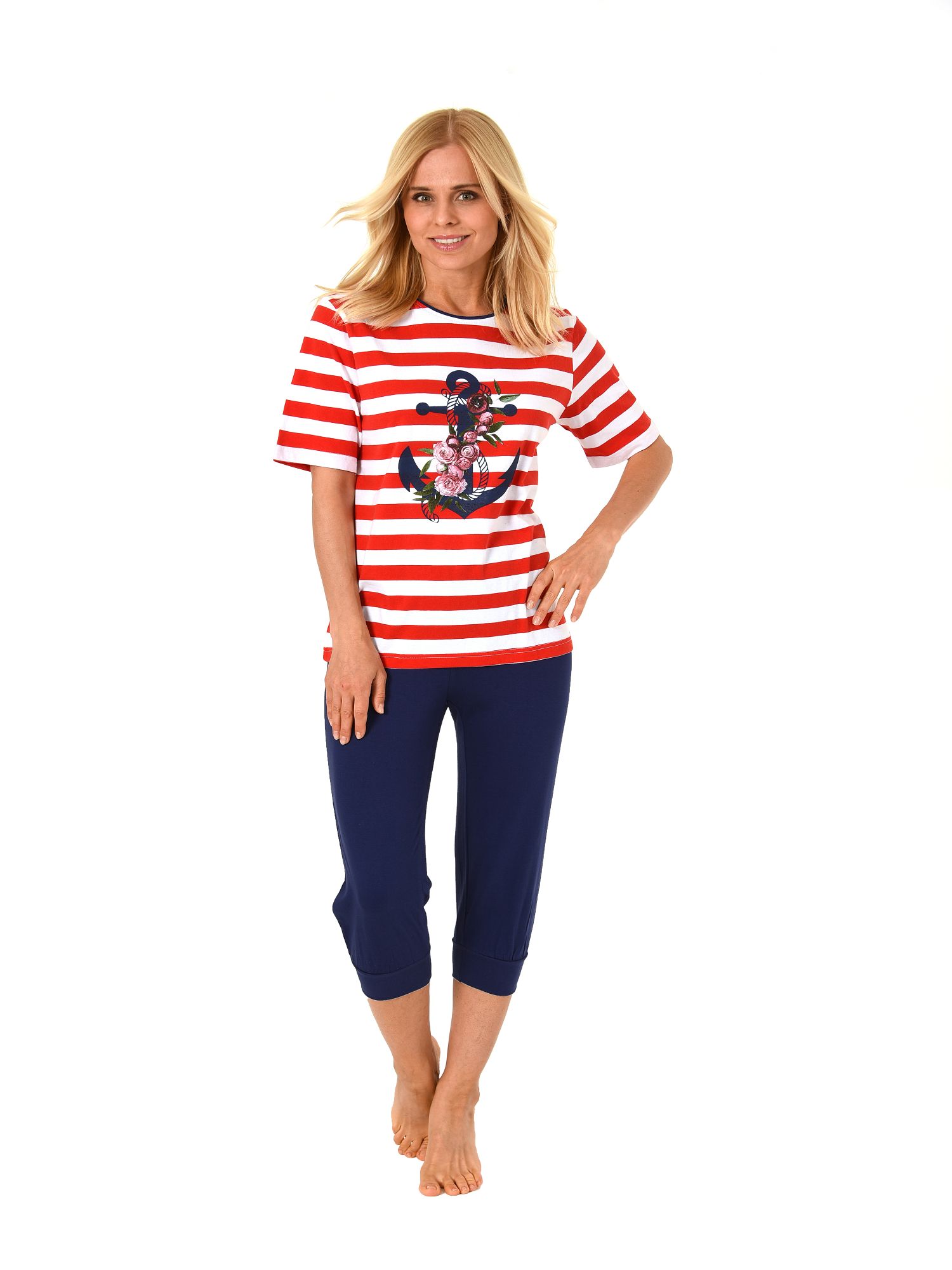Damen Pyjama mit Caprihose kurzarm, maritime Streifenoptik und ...