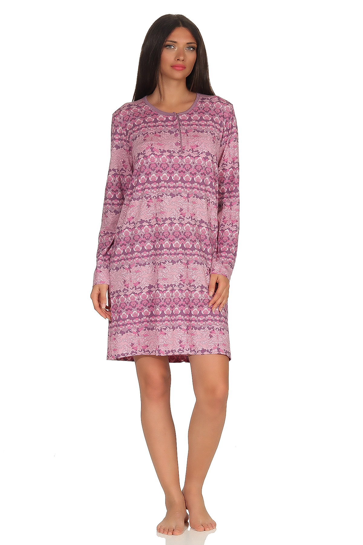 Damen Nachthemd langarm mit Knopfleiste - Sleepshirt im floralen Print ...