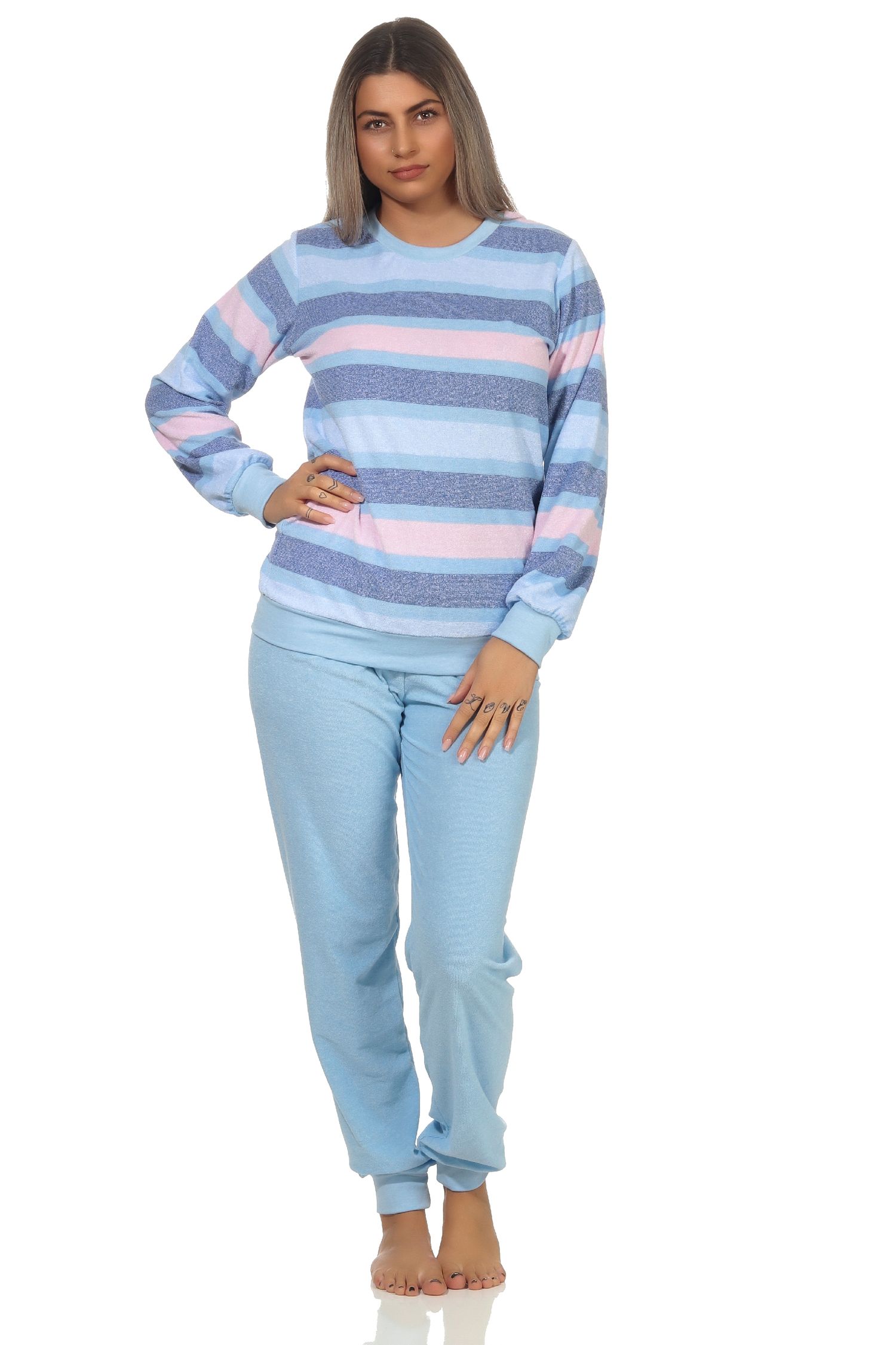 Damen Frottee Pyjama mit Bündchen in eleganter Ringeloptik - auch in ...