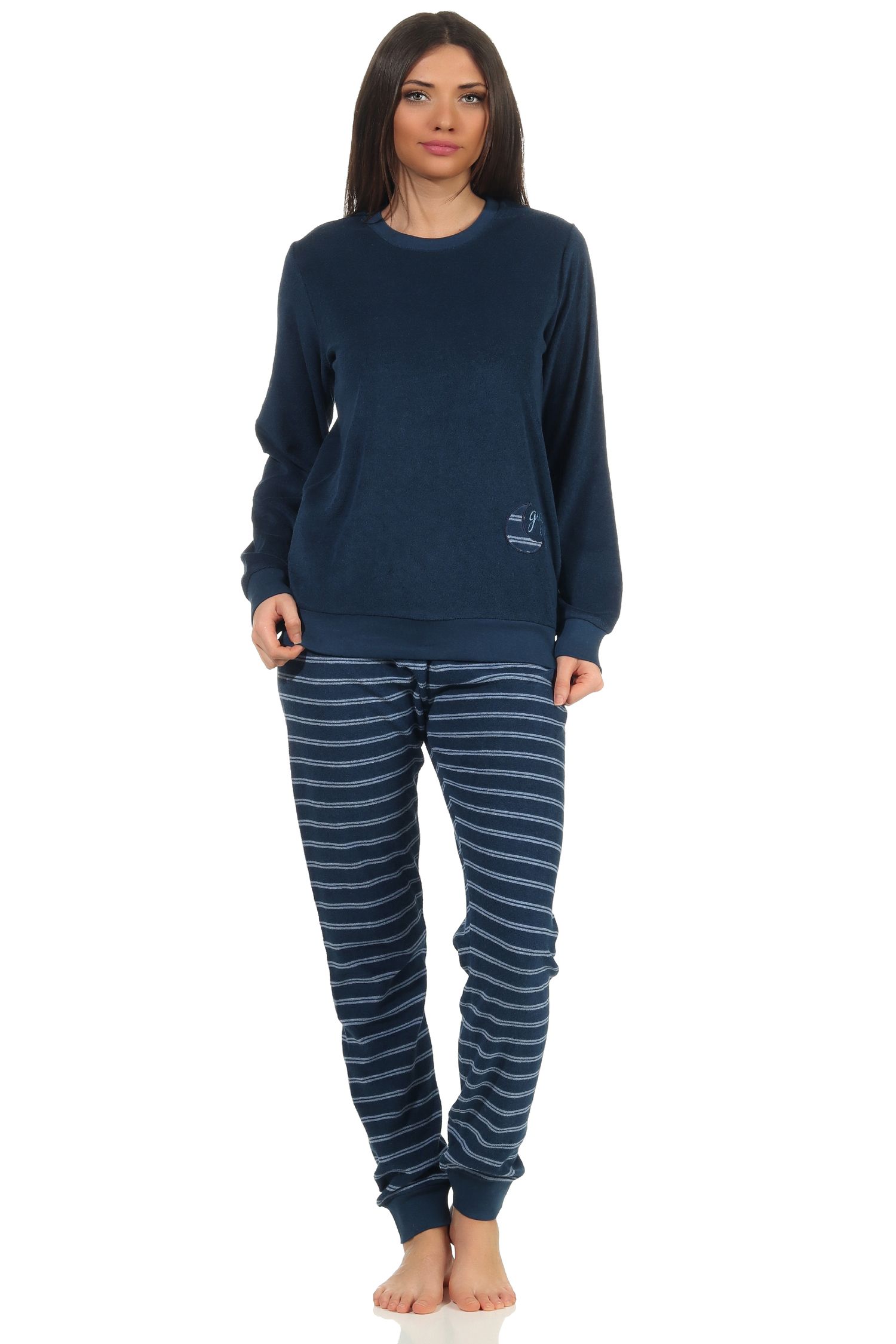 Damen Frottee Pyjama mit Bündchen - Hose gestreift, Top mit Mond ...