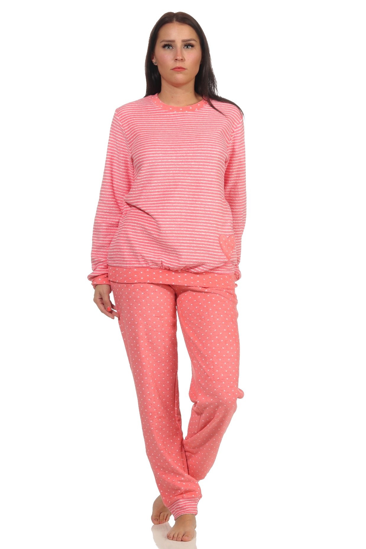 Damen Frottee Pyjama mit Bündchen in Herz-Tupfen Streifenoptik - auch ...