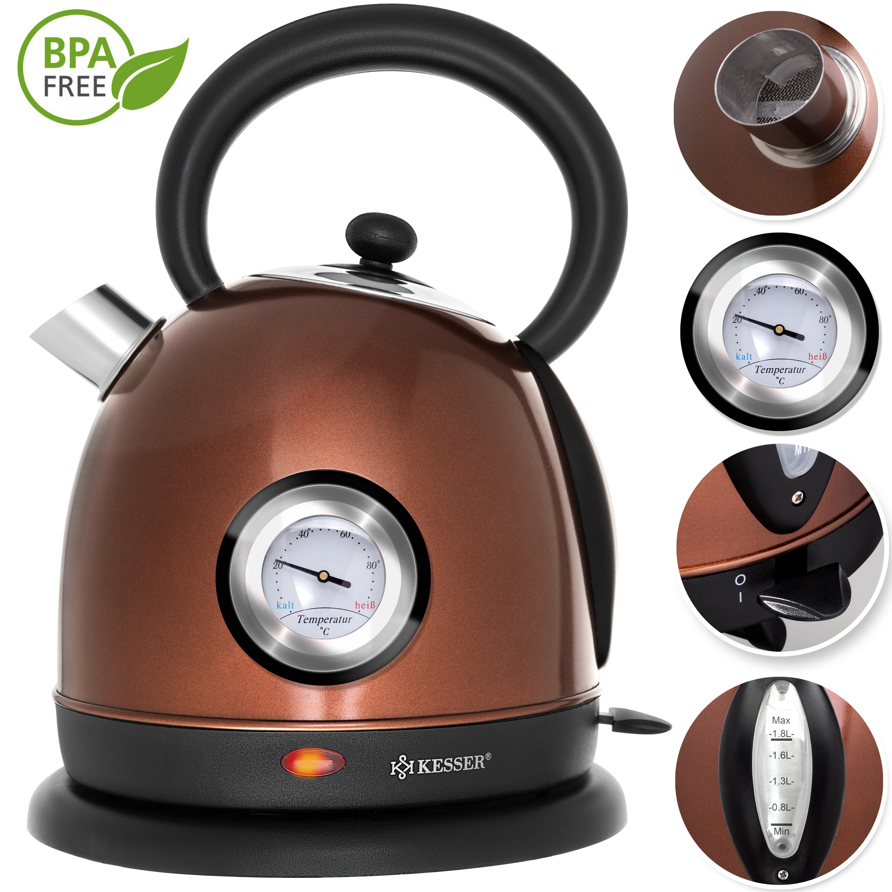 KESSER® Wasserkocher Edelstahl | 2200W | BPA frei | 1,8 Liter | Retro ...