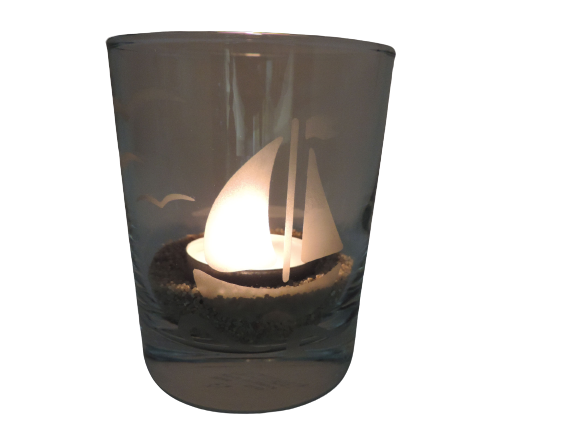 Teelicht Glas Windlicht "Segelboot"maritim geätzt Handmade Unikat Deko ...
