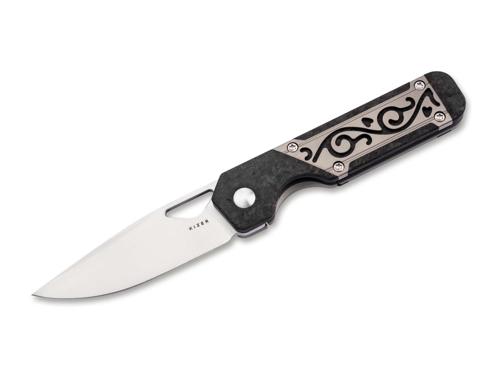 Kizer Mini Militaw Titanium CF Milled Vine Window Grille | eKnives ...