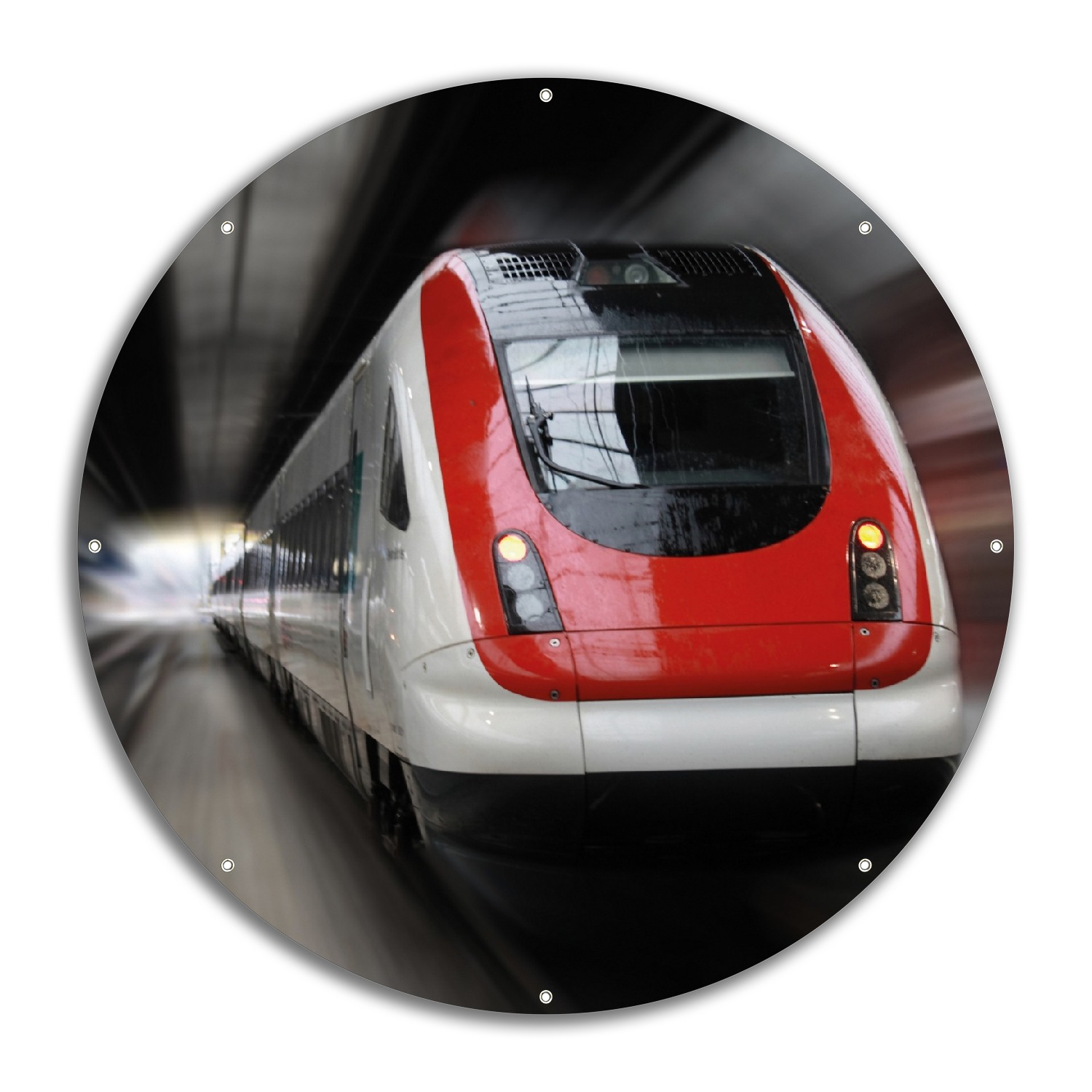 Gartenposter Fahrender Zug von vorn in rot- Perspektive von vorn ...