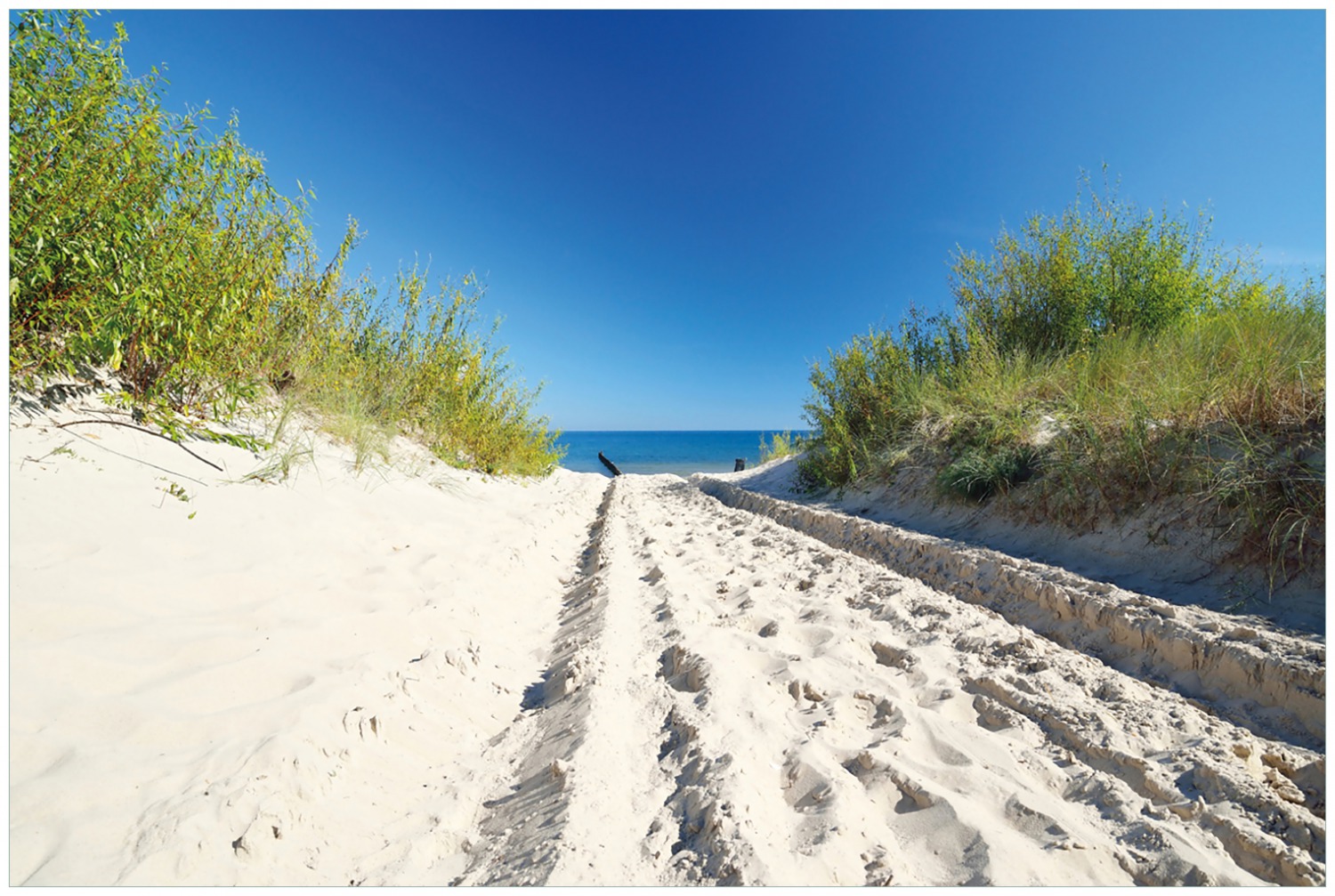 Glasbild Auf dem Sandweg zum Strand - Blauer Himmel über dem Meer ...