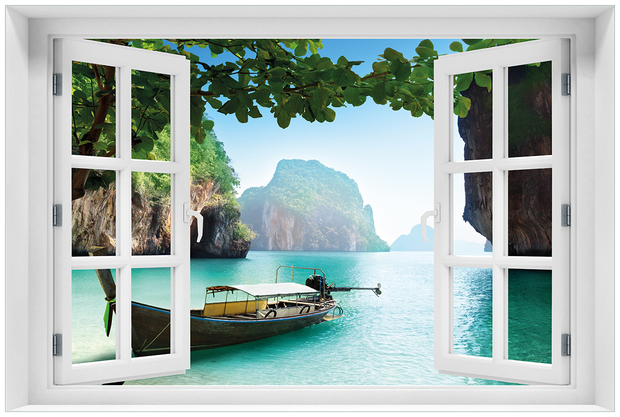 Poster mit Fenster-Illusion Fischerboot in Thailand blaues Meer und ...