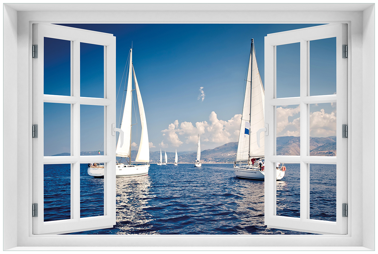 Poster mit Fenster-Illusion Segelschiff auf dem Mittelmeer | Wallario.de