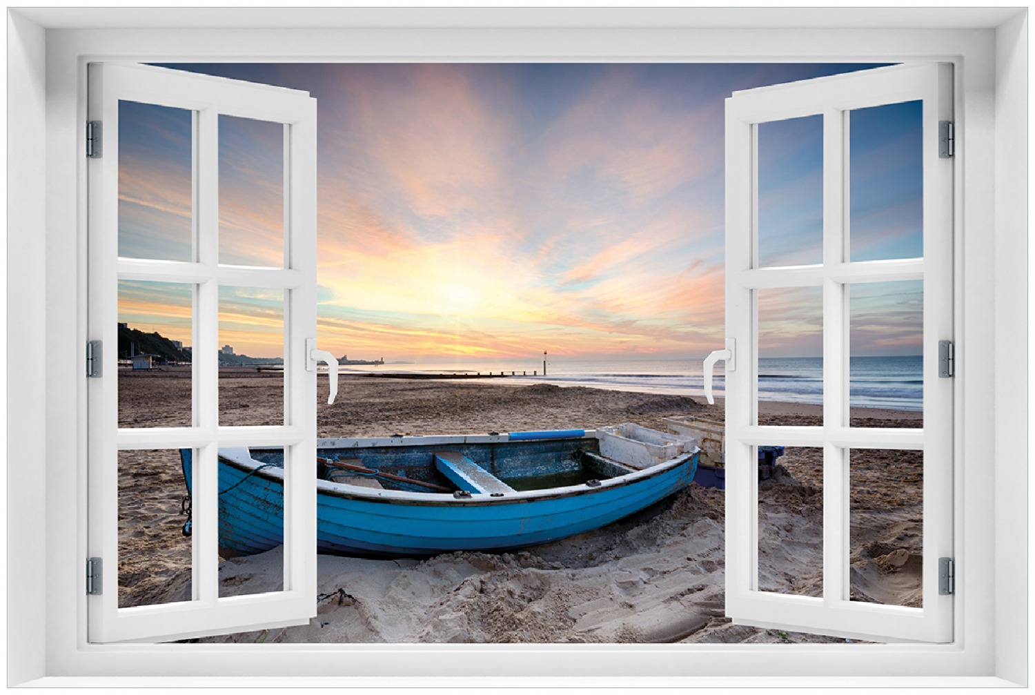 Poster mit Fenster-Illusion Fischerboot am Strand bei Sonnenuntergang ...