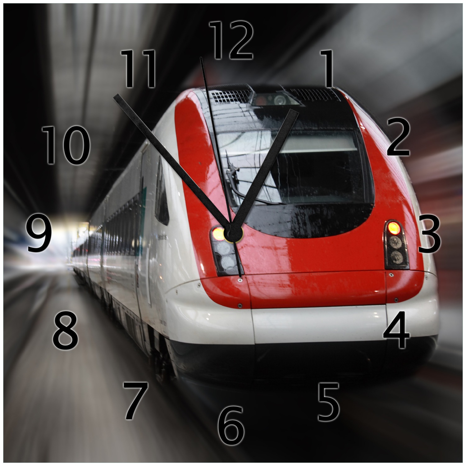 Wanduhr aus Glas Fahrender Zug von vorn in rot- Perspektive von vorn ...