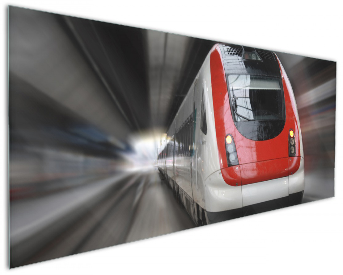 Küchenrückwand Fahrender Zug von vorn in rot- Perspektive von vorn ...