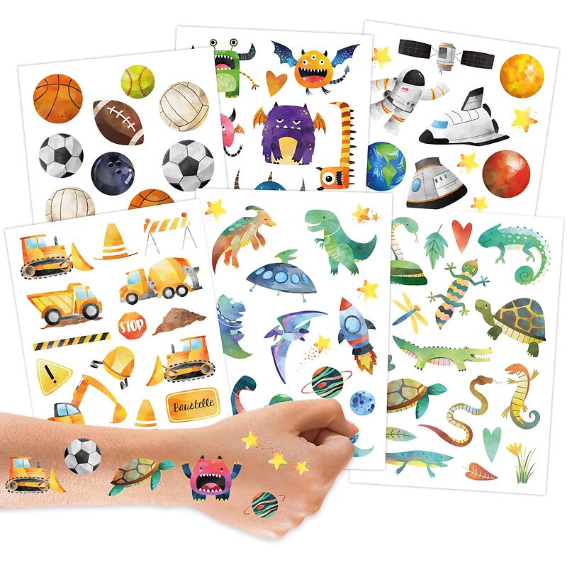 100 Kindertattoos zum Aufkleben – Glitzer Tattoo Set Wasserfarbmotive ...