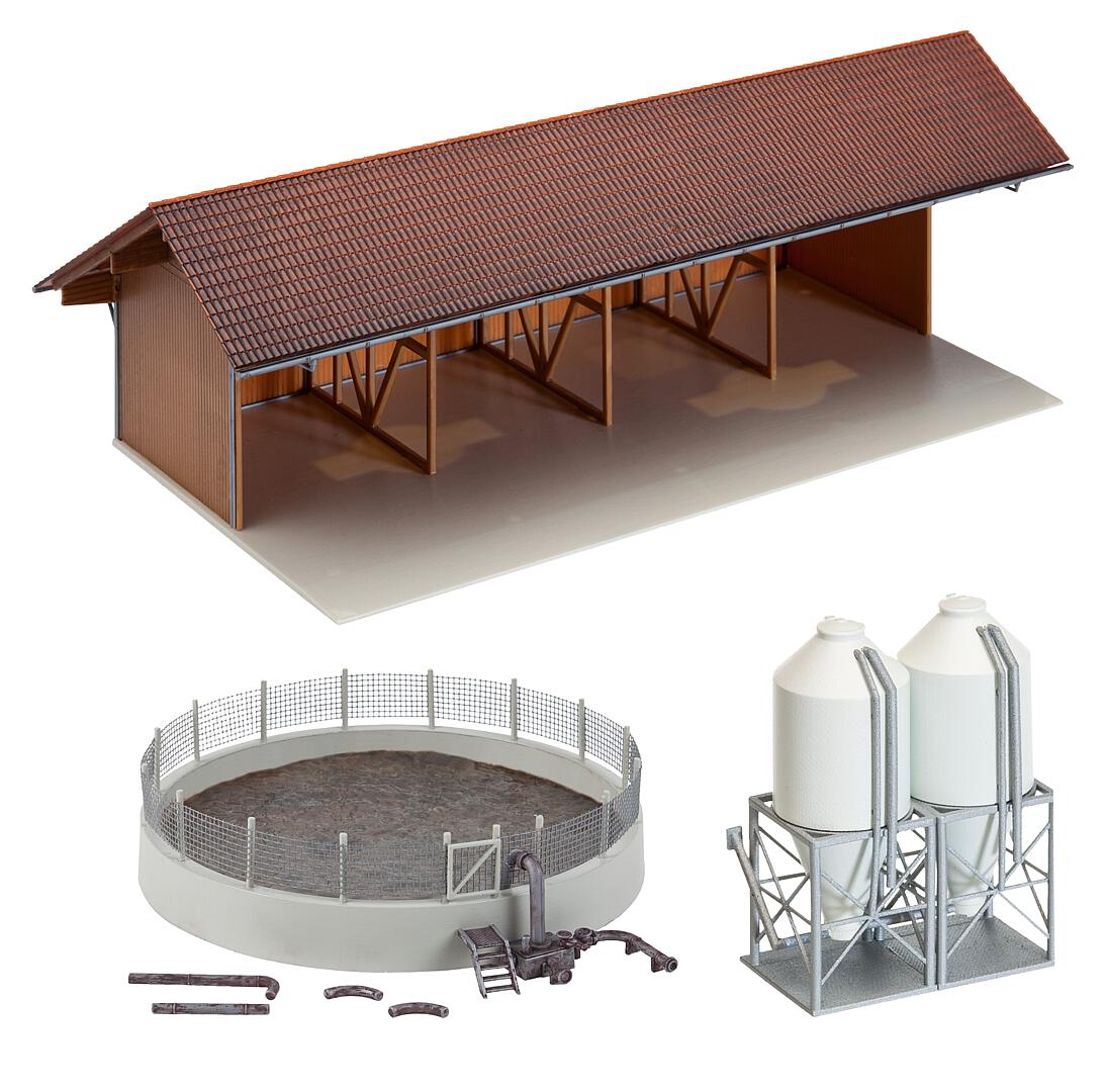 Faller H0 130584 Geräteunterstand, Güllegrube und Futtermittelsilos